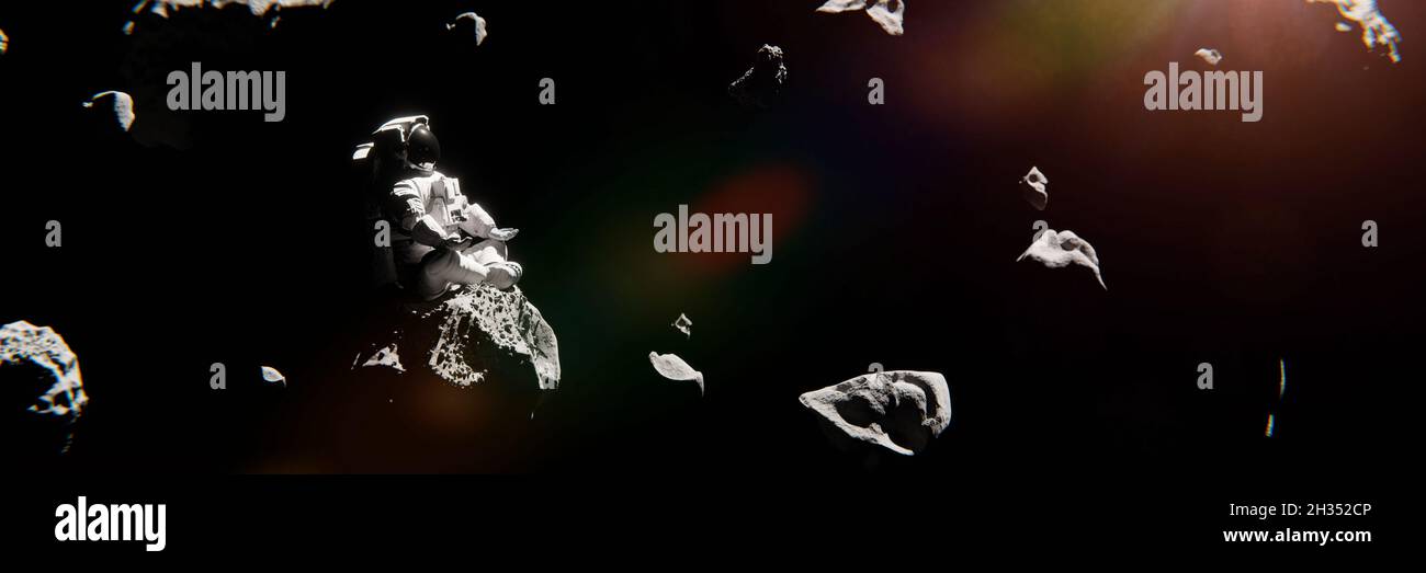 astronaut meditating, spaceman sitting on an asteroid, space background ...