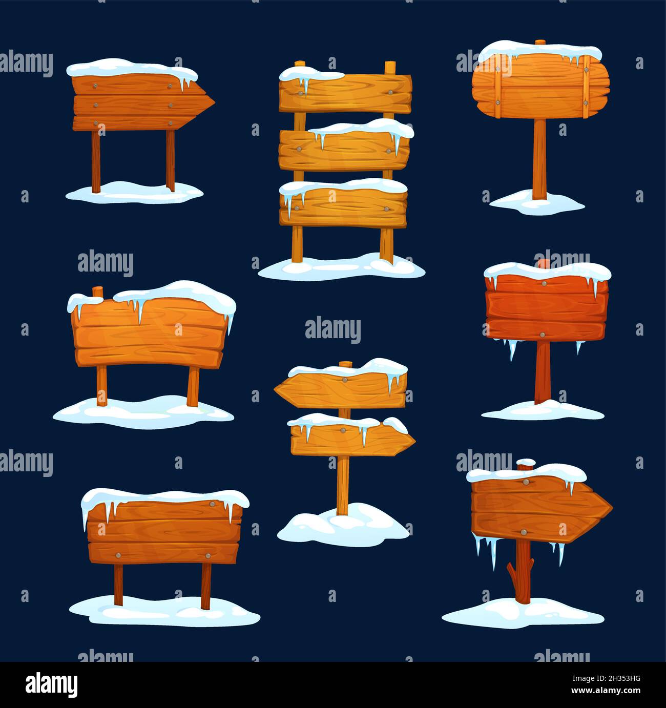 Winter wooden signs with snow, cartoon signboards, vector wood board ...