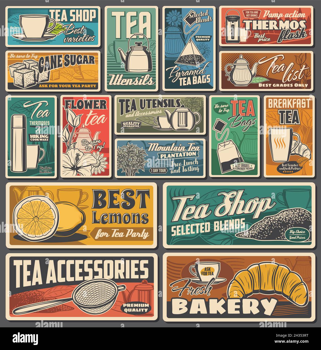 Tea cup, teapot and leaf retro banners with vector black, green, herbal ...