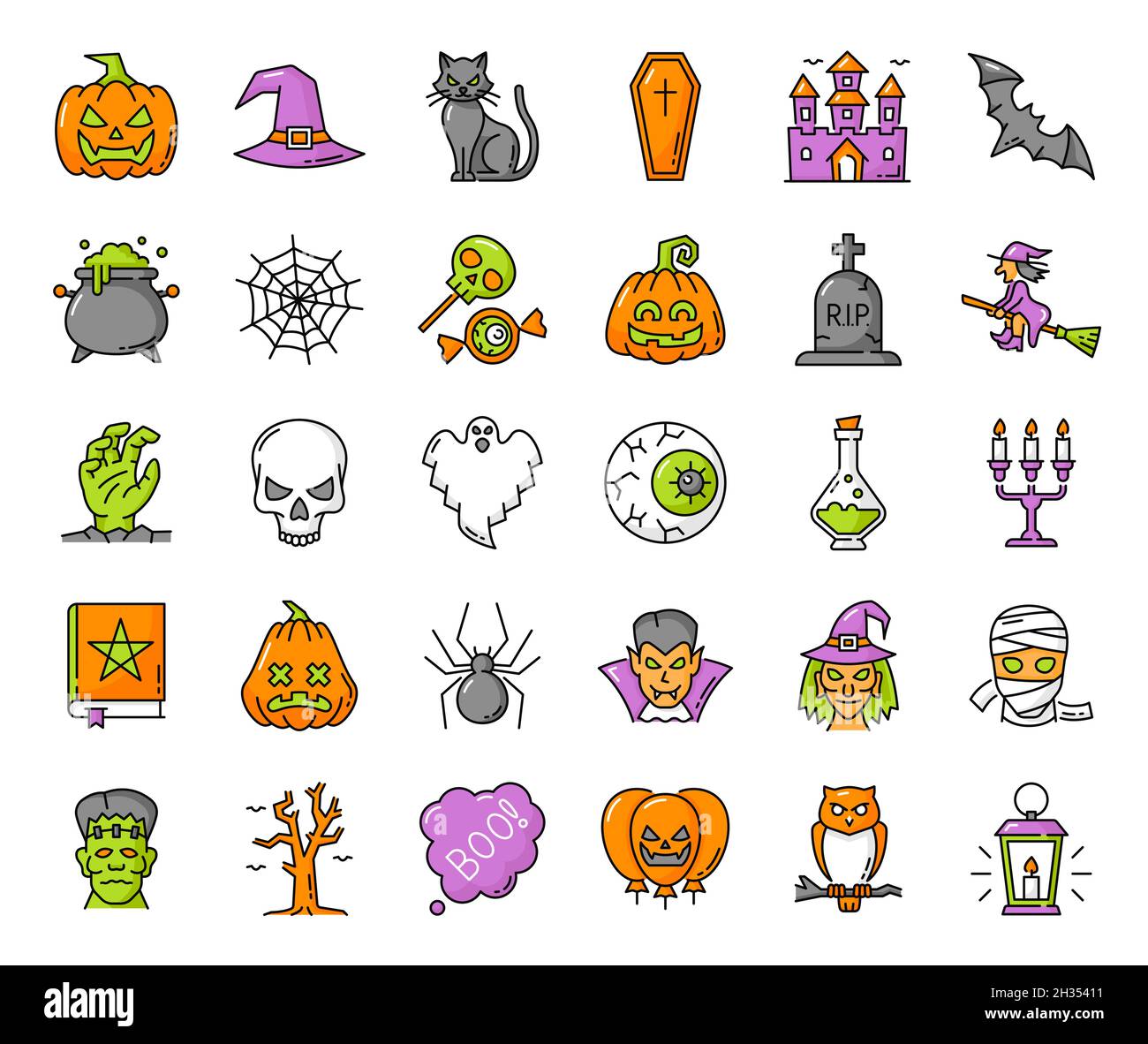 Halloween outline ghost, pumpkin, zombie and witch, spider web and owl ...