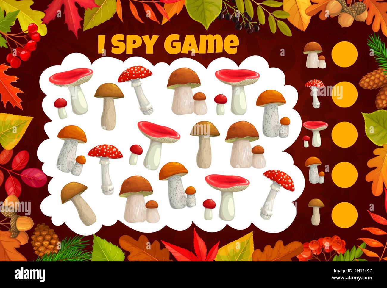 Kids spy game with cartoon mushrooms and leaves. Vector puzzle, logic ...