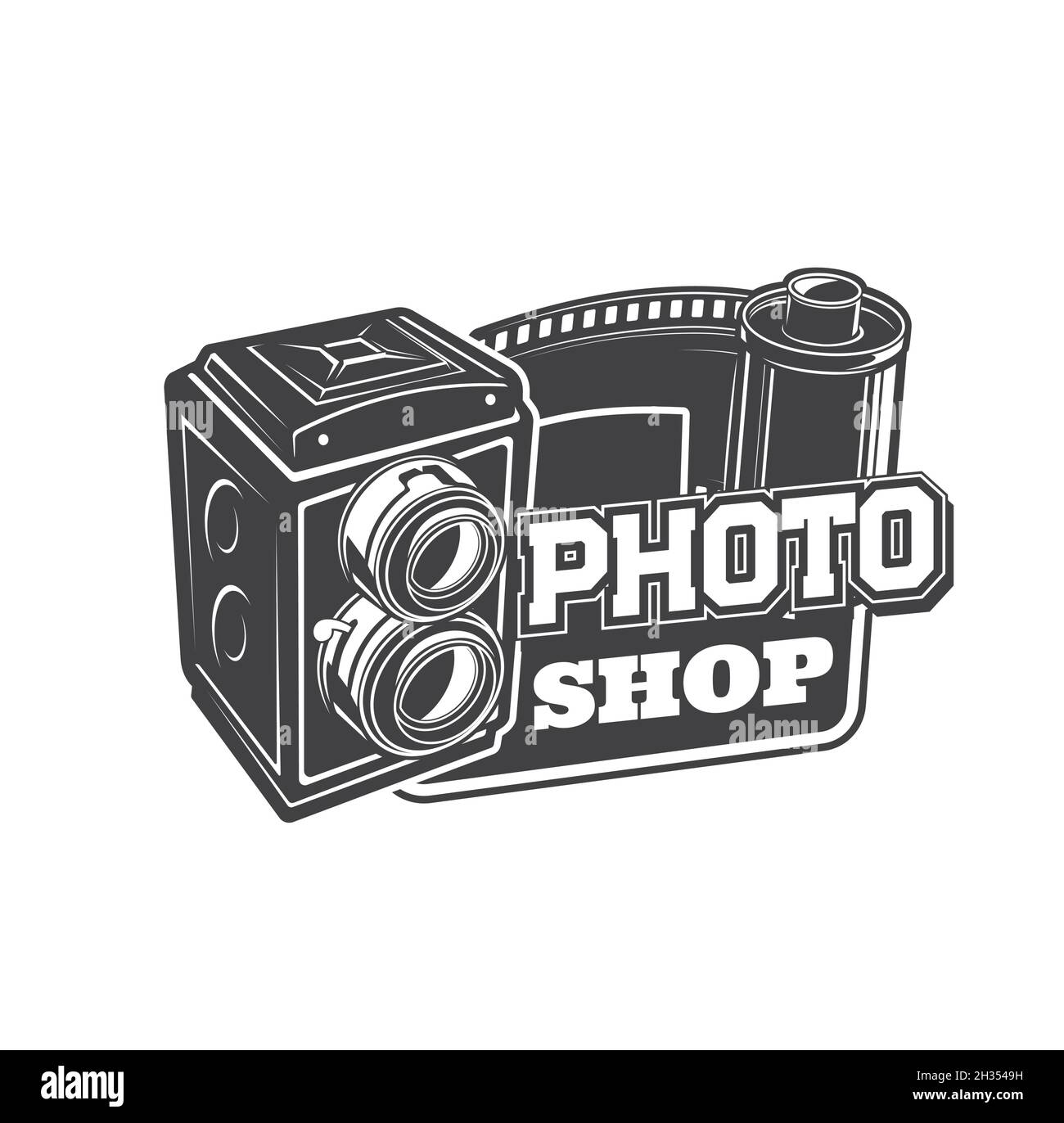 Photo camera shop icon. Photography studio or atelier, vintage photo ...