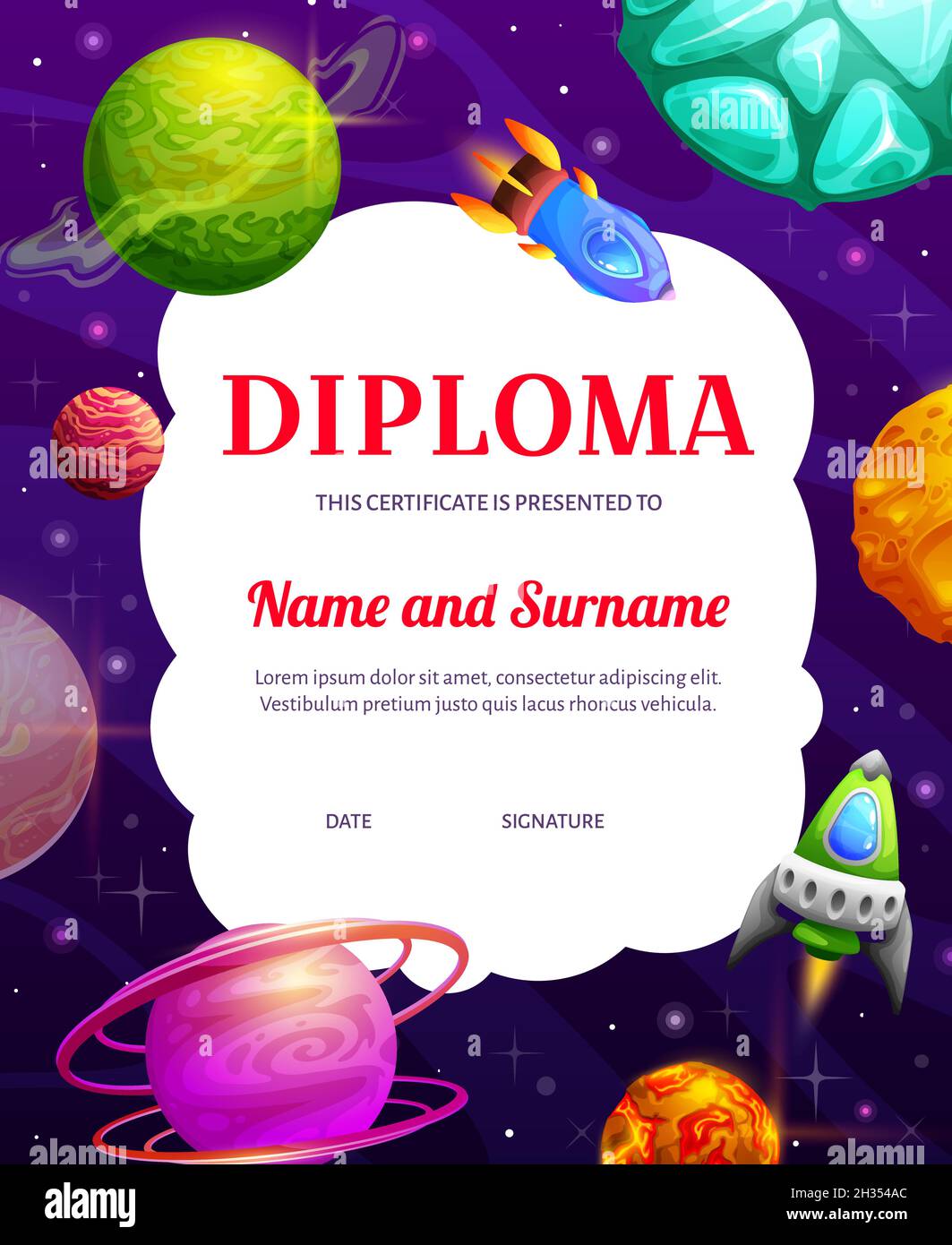 Kids diploma, flying rockets in starry space, universe galaxy planets ...