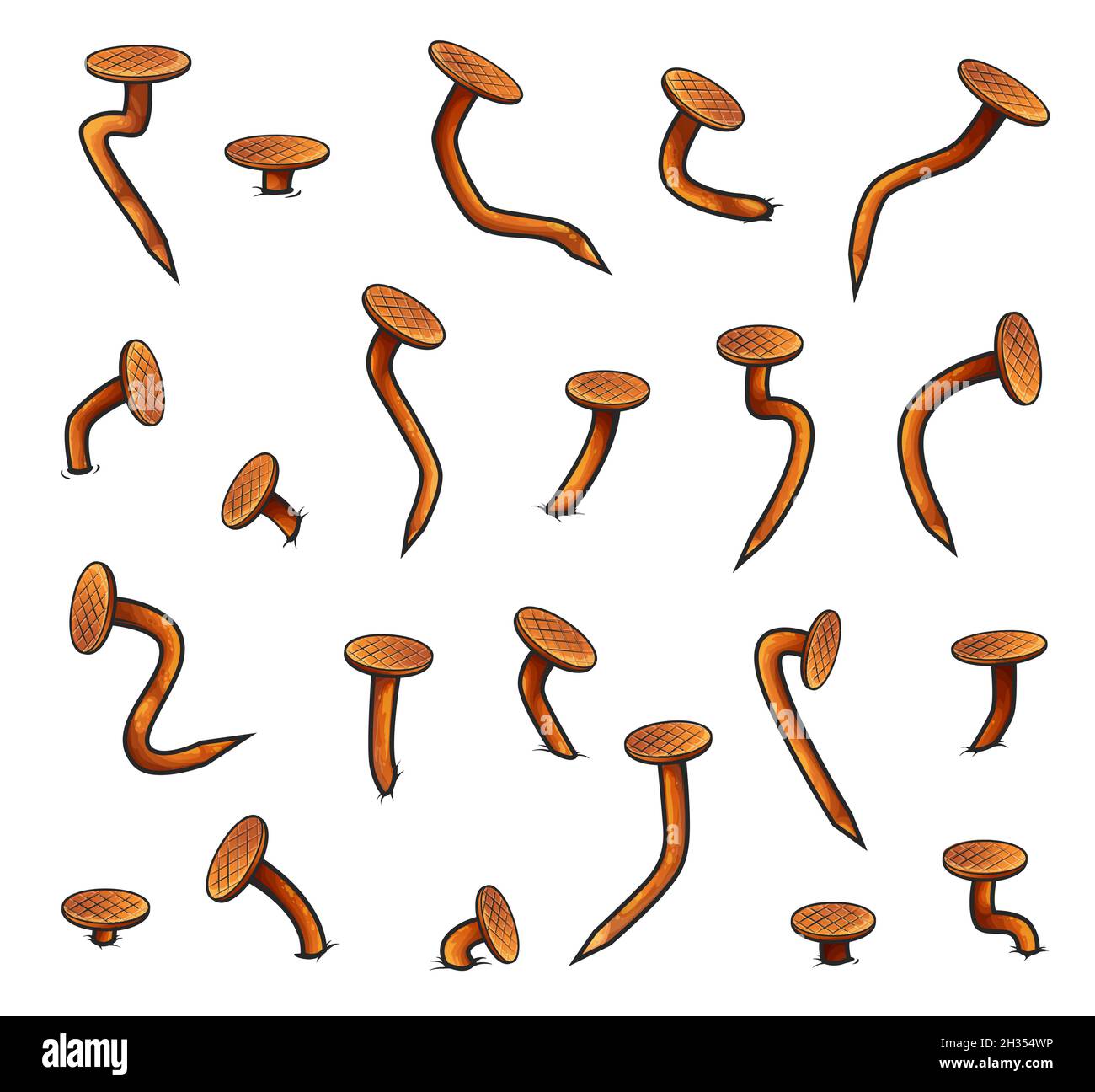 Rusty metal bent nails and heads, isolated vintage iron nails with ...