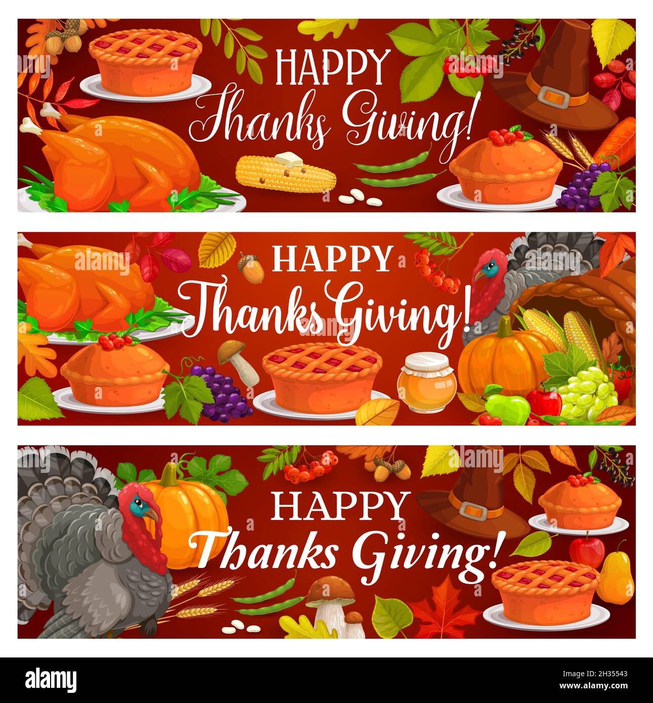 Happy Thanksgiving vector banners of holiday turkey and autumn leaves ...