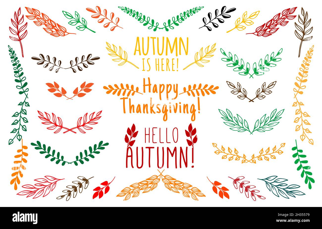 Autumn leaves and floral elements. Flourish dividers, ornate borders or ...