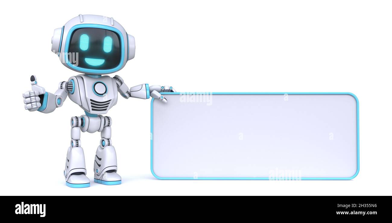 Cute blue robot holding blank rectangle board 3D rendering illustration ...