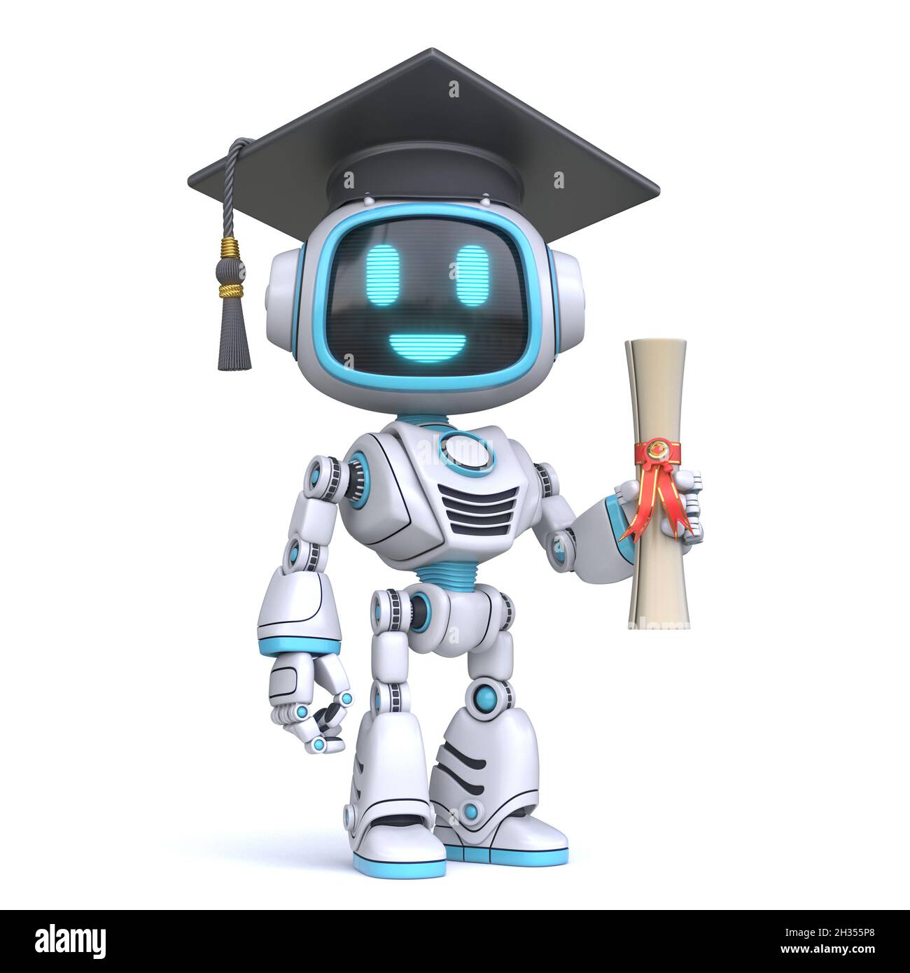 Cute blue robot with graduate hat and diploma 3D rendering illustration ...