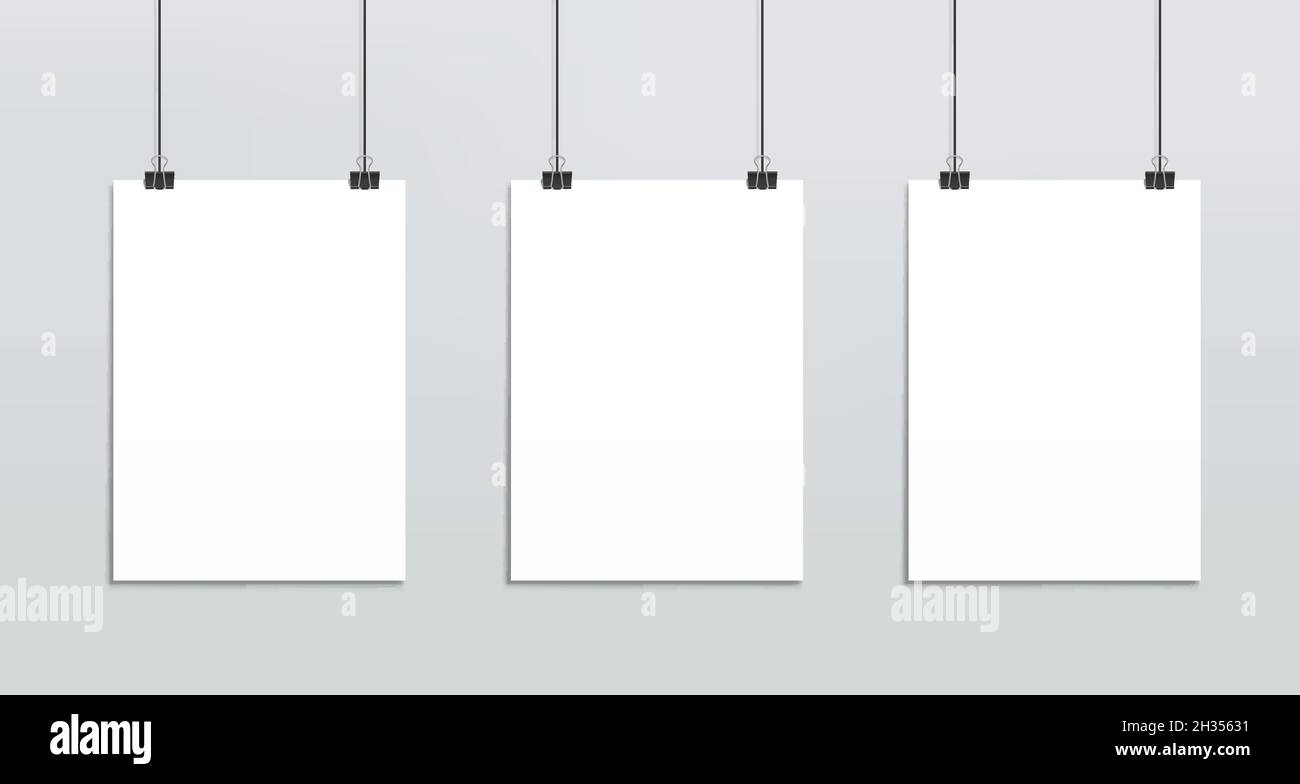 Hanging white paper posters mockup, realistic white sheets of paper on ...
