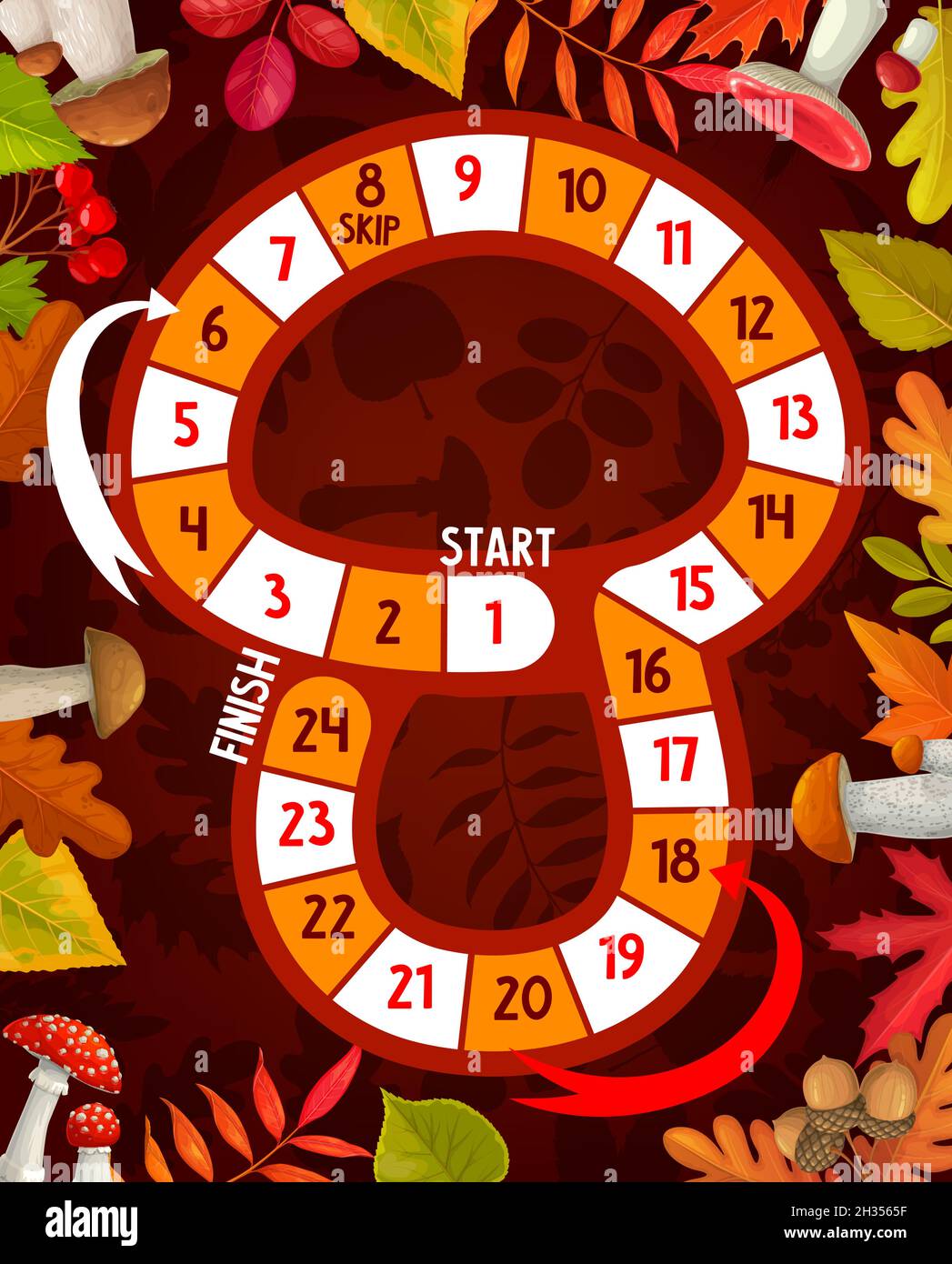 Thanksgiving kids board game, mushroom shape vector map with autumn ...