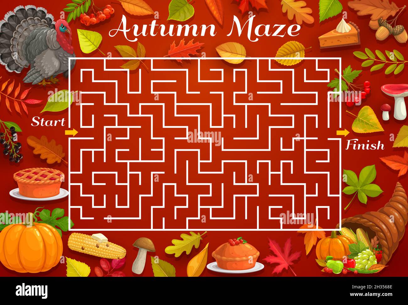 Autumn labyrinth, vector maze game with Thanksgiving turkey and ...