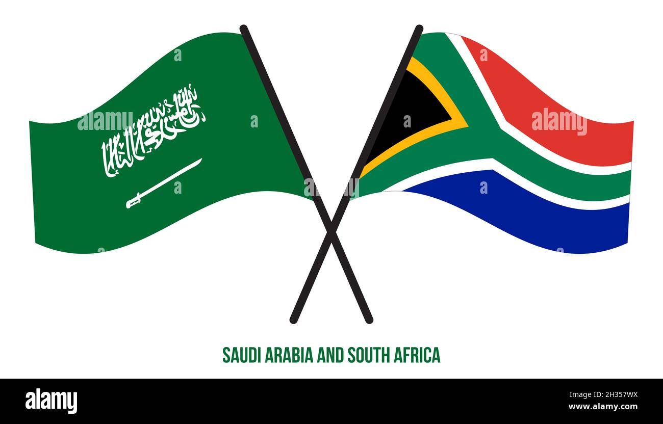 Saudi Arabia and South Africa Flags Crossed And Waving Flat Style ...
