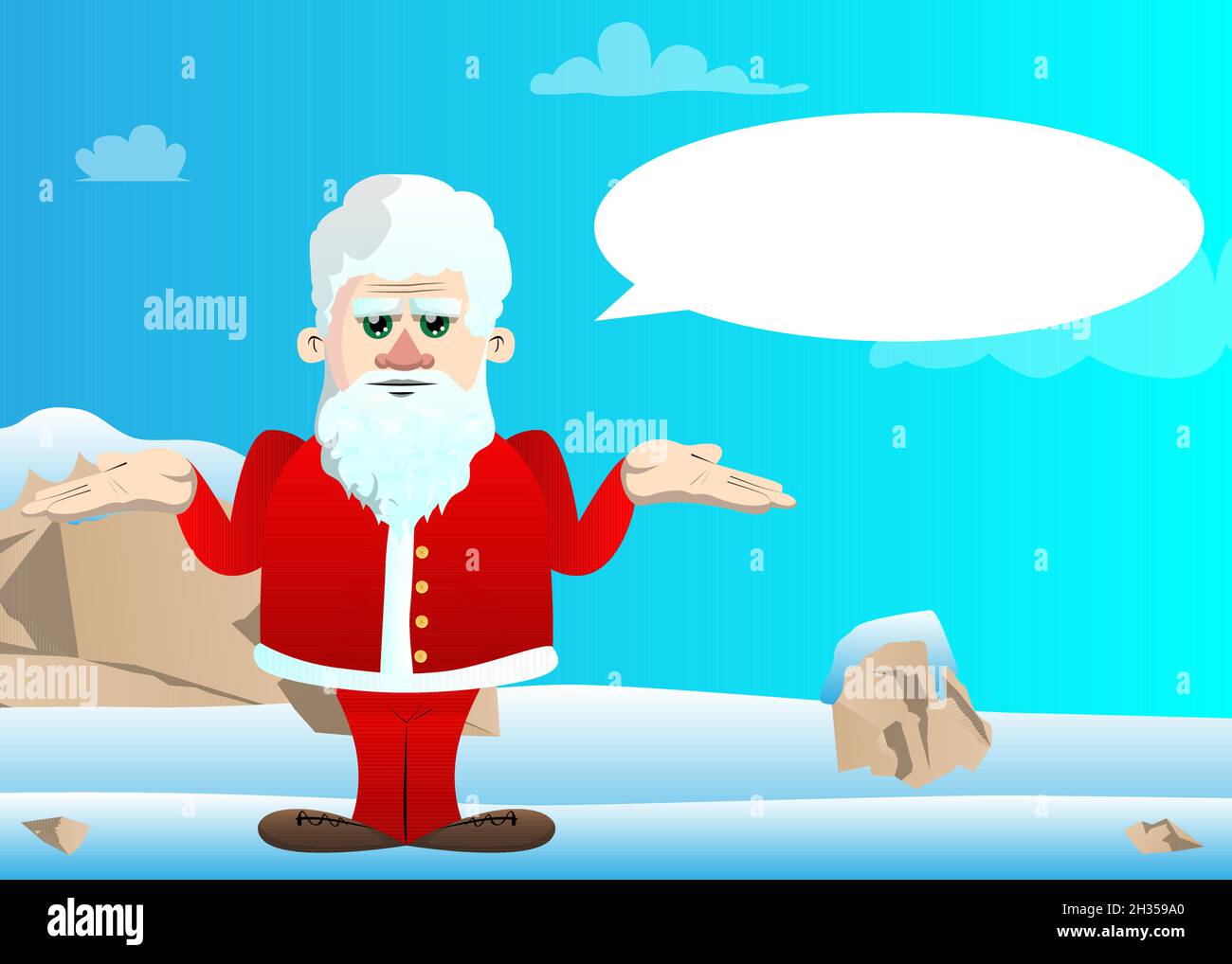 Santa Claus in his red clothes with white beard shrugs shoulders ...