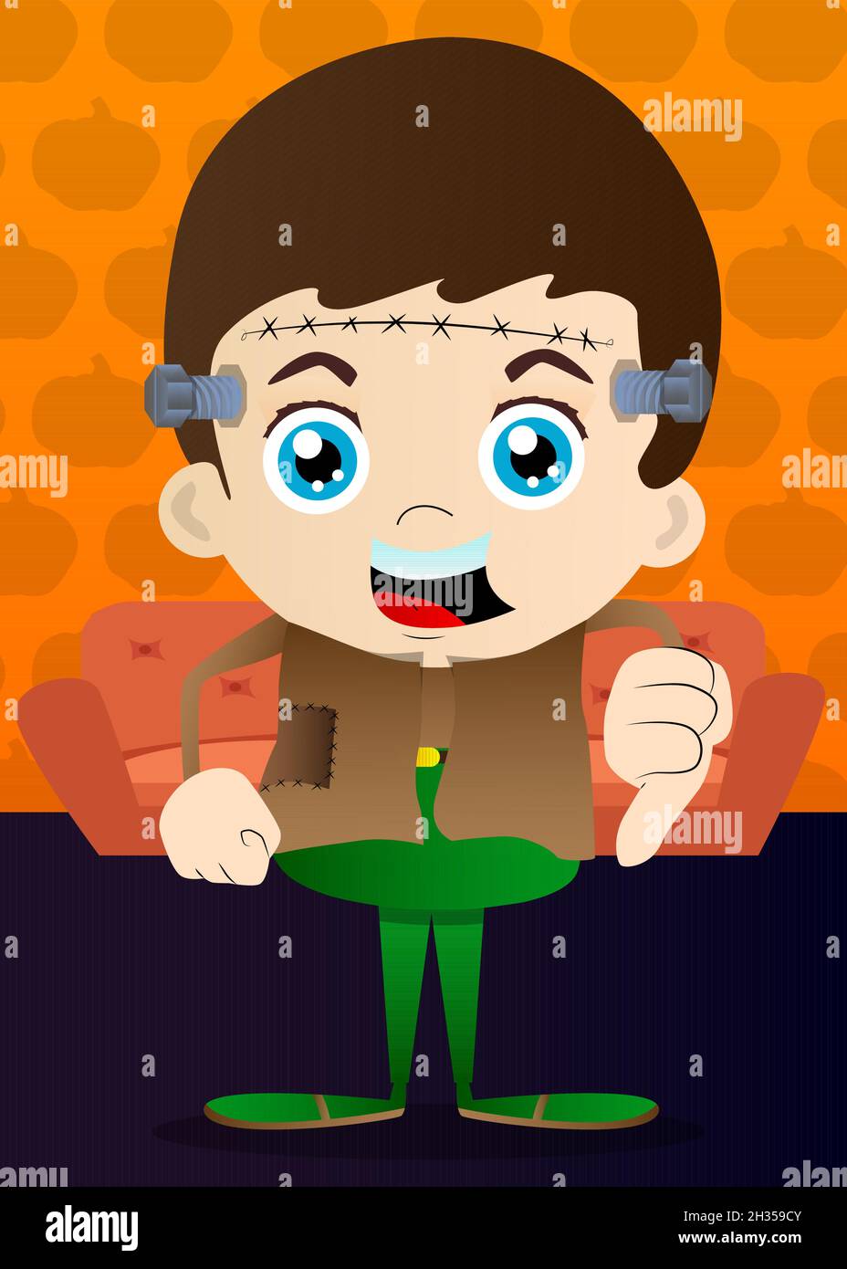 Kid dressed for Halloween showing dislike hand sign. Vector cartoon ...