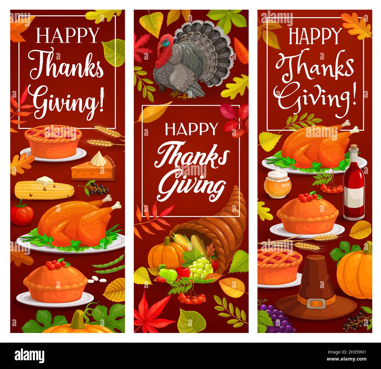 Happy Thanksgiving holiday banners with vector pie, corn, turkey and ...