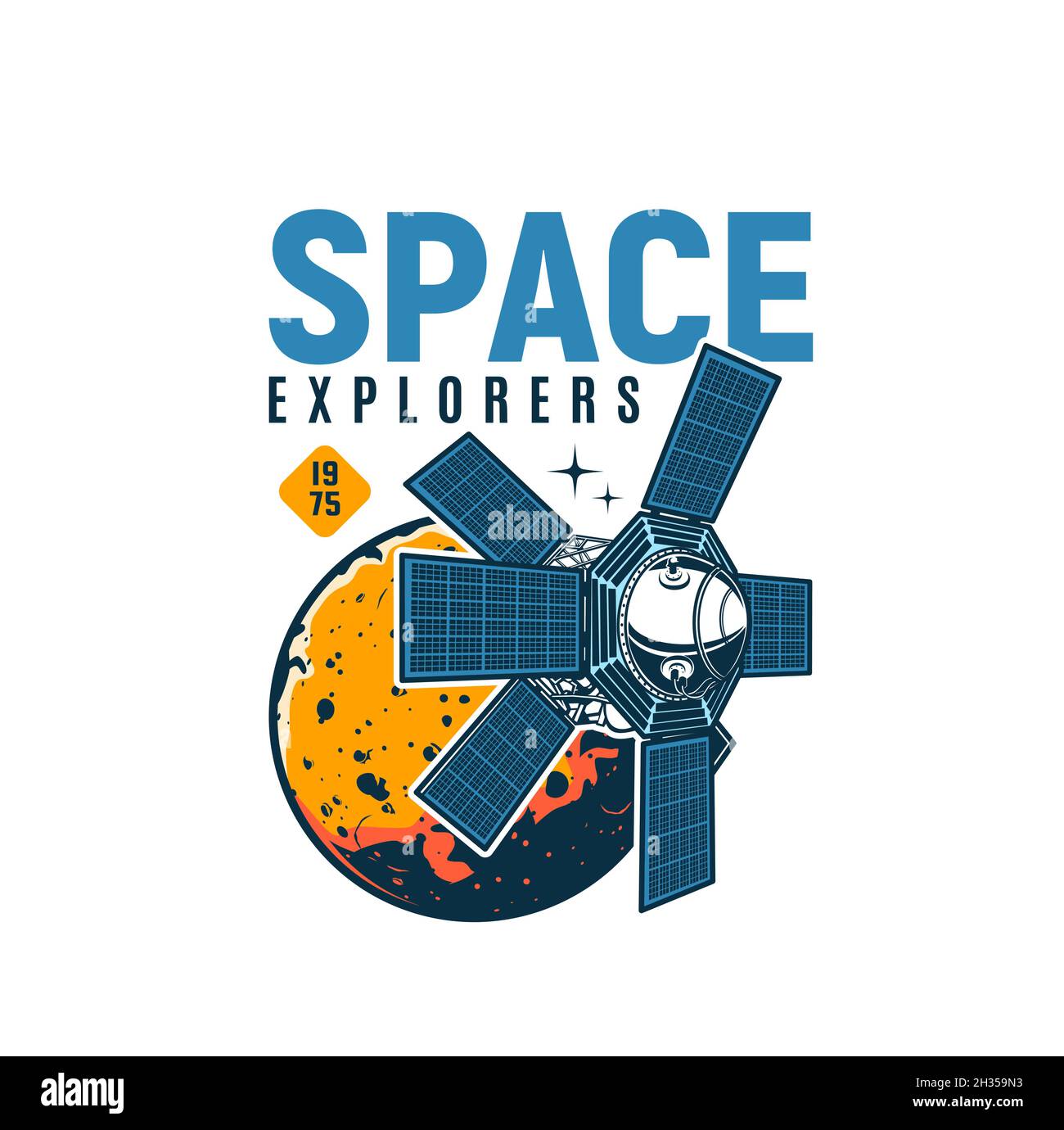 Space explorer icon. Telecommunication satellite on alien planet orbit ...