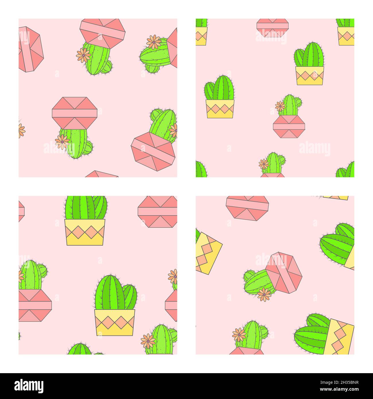 Vector set of four seamless patterns with cacti in flower pots. Flat ...