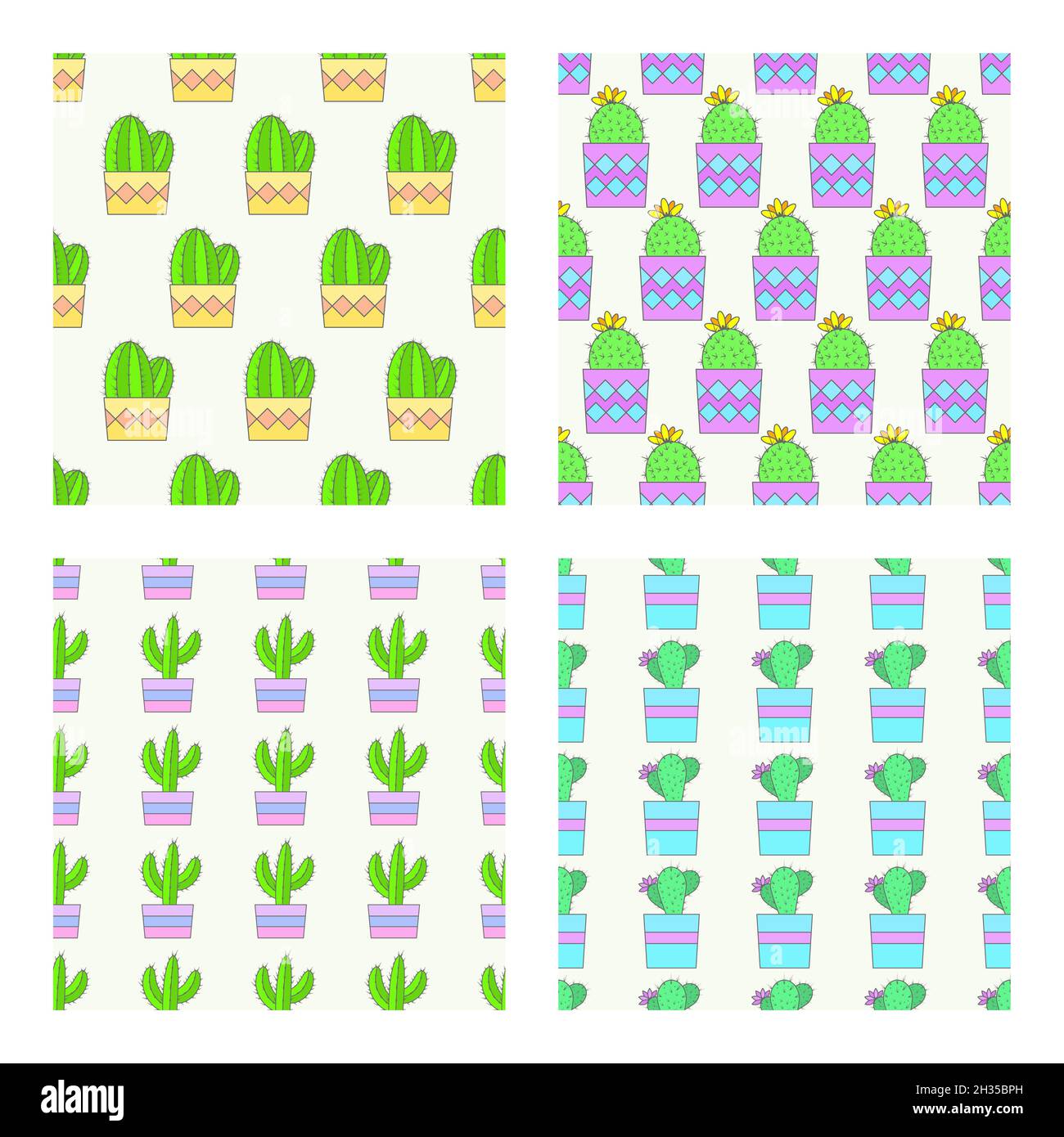 Vector set of four seamless patterns with cacti in flower pots. Flat style color collection ...