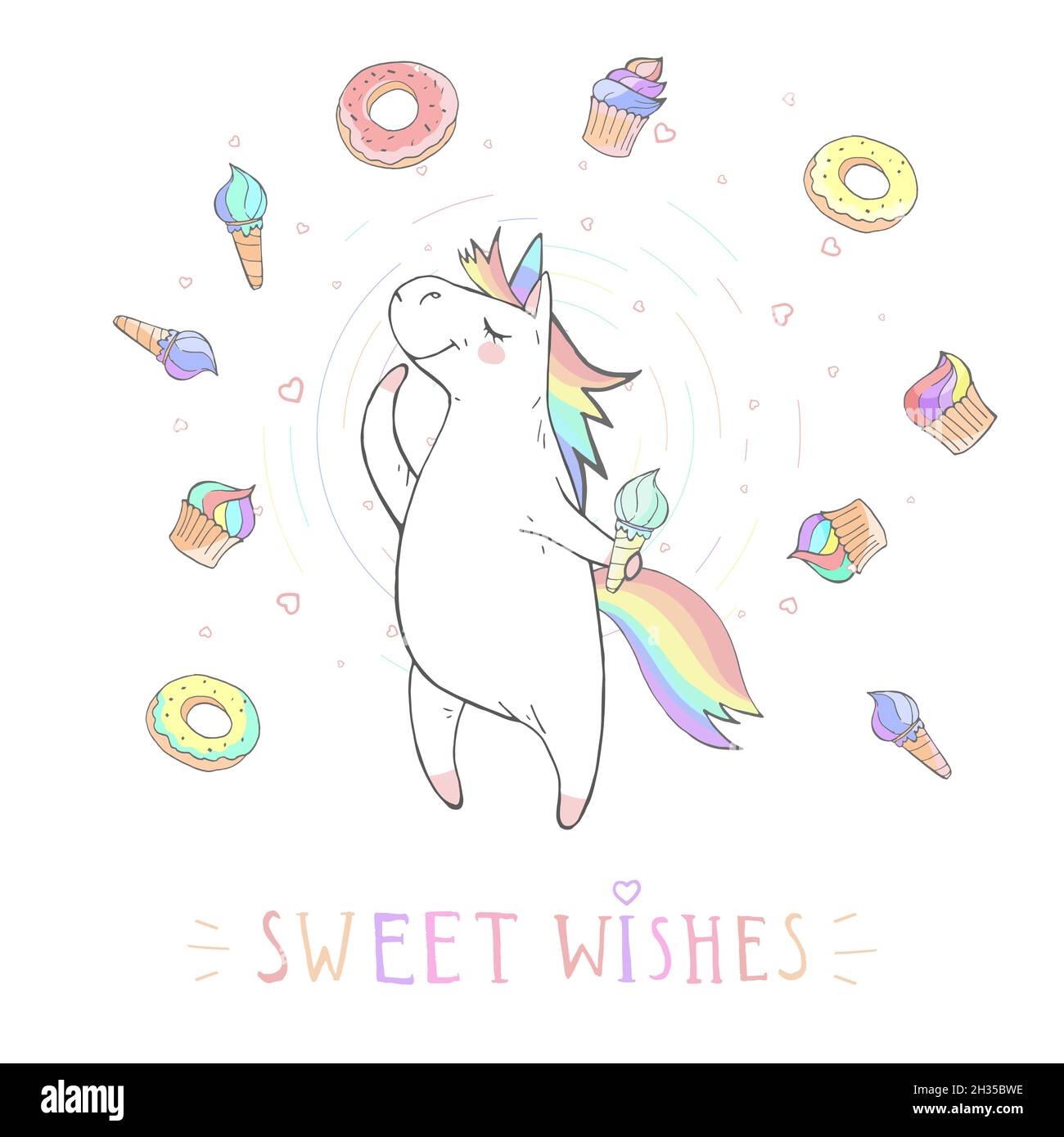 Vector illustration of hand drawn cute unicorn with stars and text ...