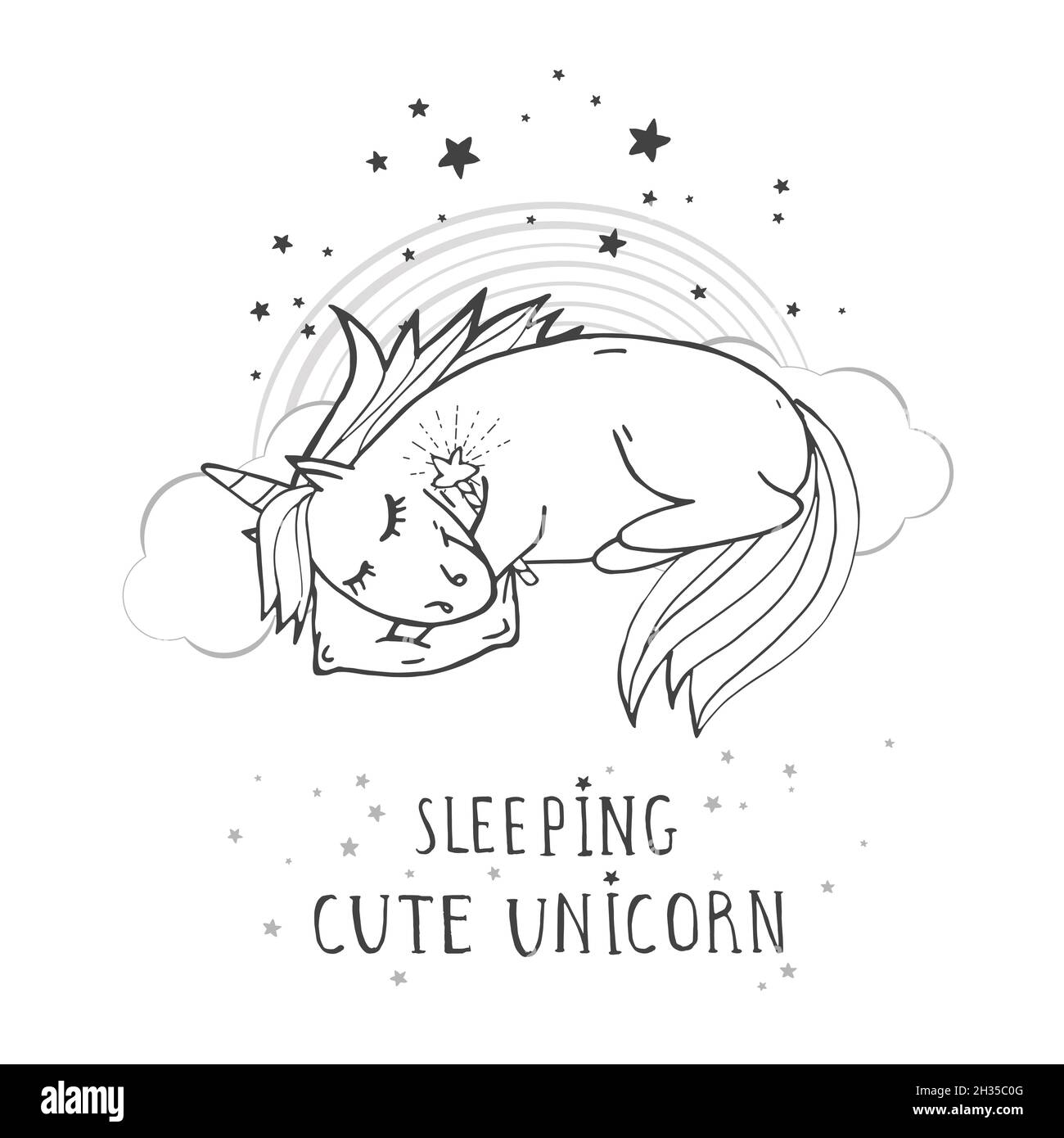 Vector illustration of hand drawn cute sleeping unicorn with magic wand ...