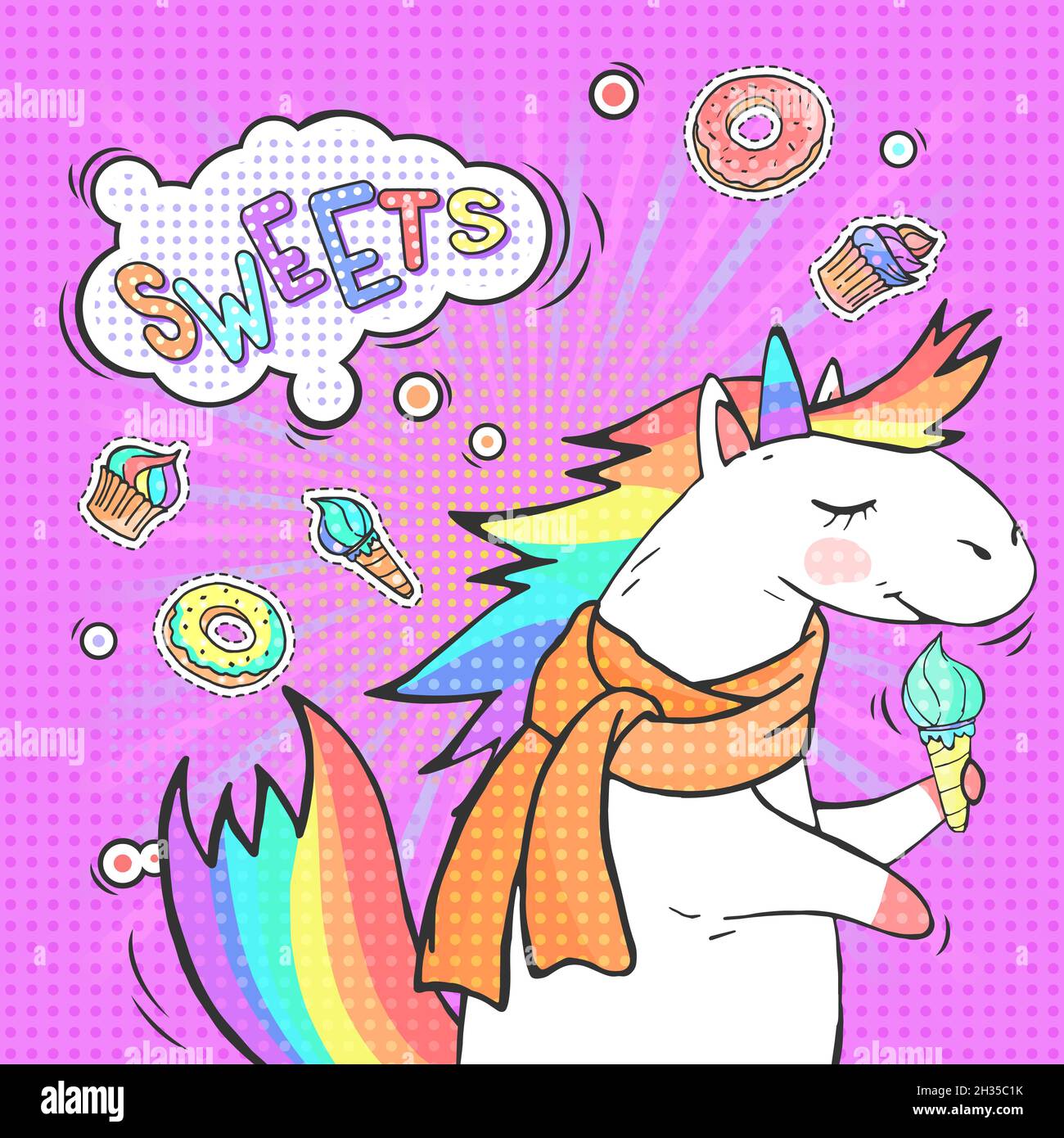 Pop art background with cartoon unicorn and speech bubble with text ...