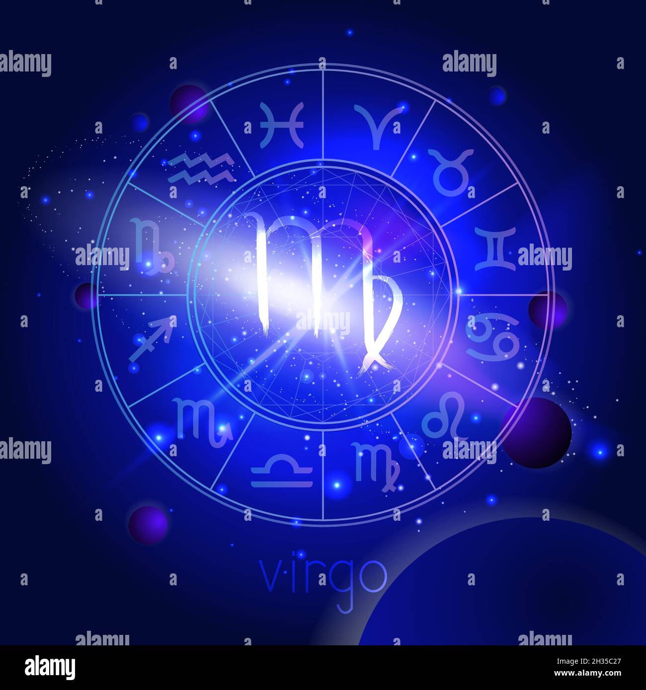 Vector illustration of sign VIRGO with Horoscope circle against the ...