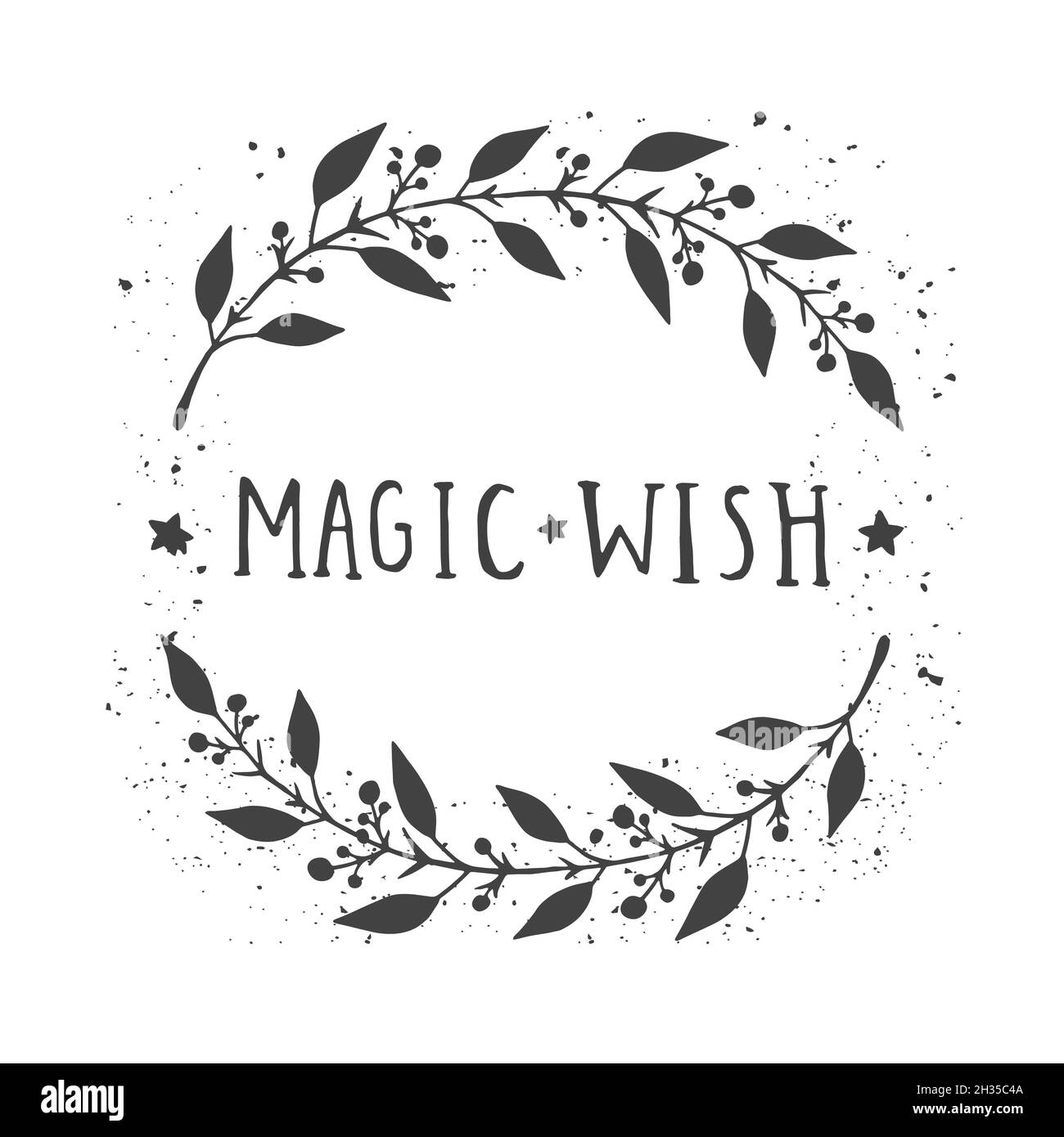 Vector hand drawn illustration of text MAGIC WISH and floral round ...