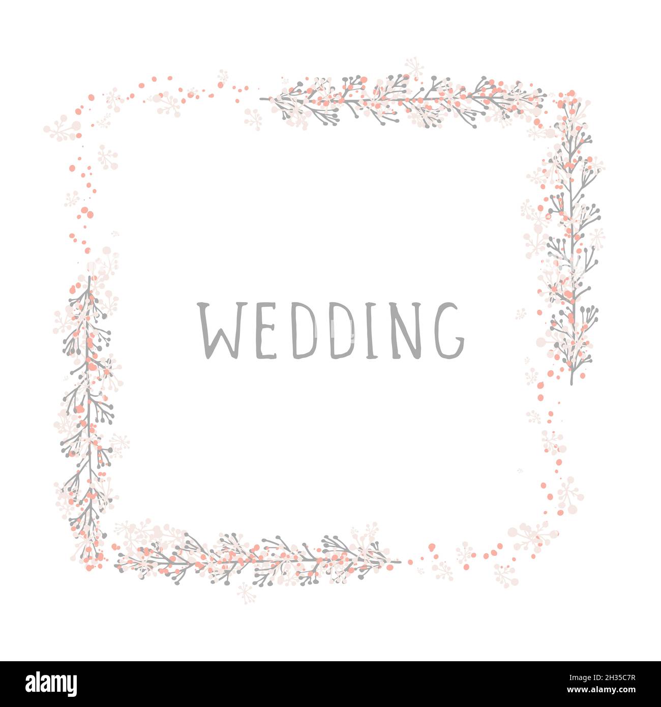 Vector hand drawn illustration of text WEDDING and floral rectangle ...