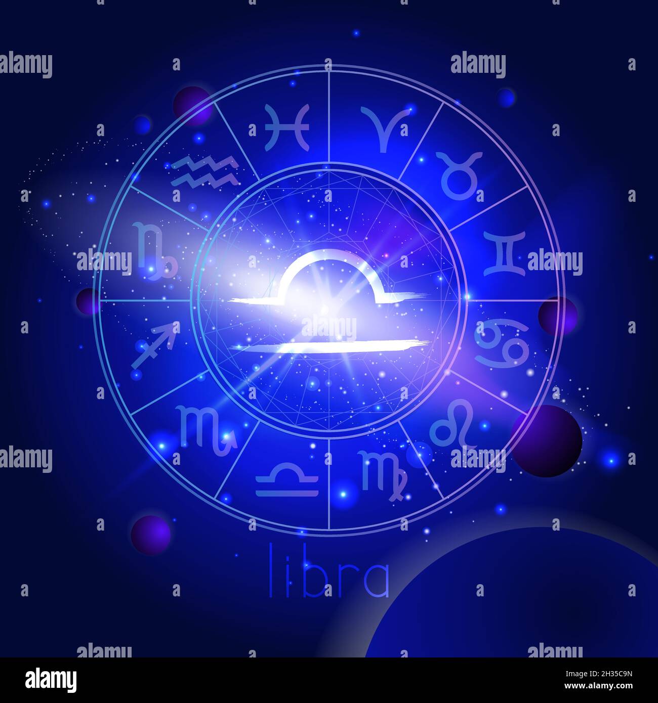 Vector illustration of sign LIBRA with Horoscope circle against the ...