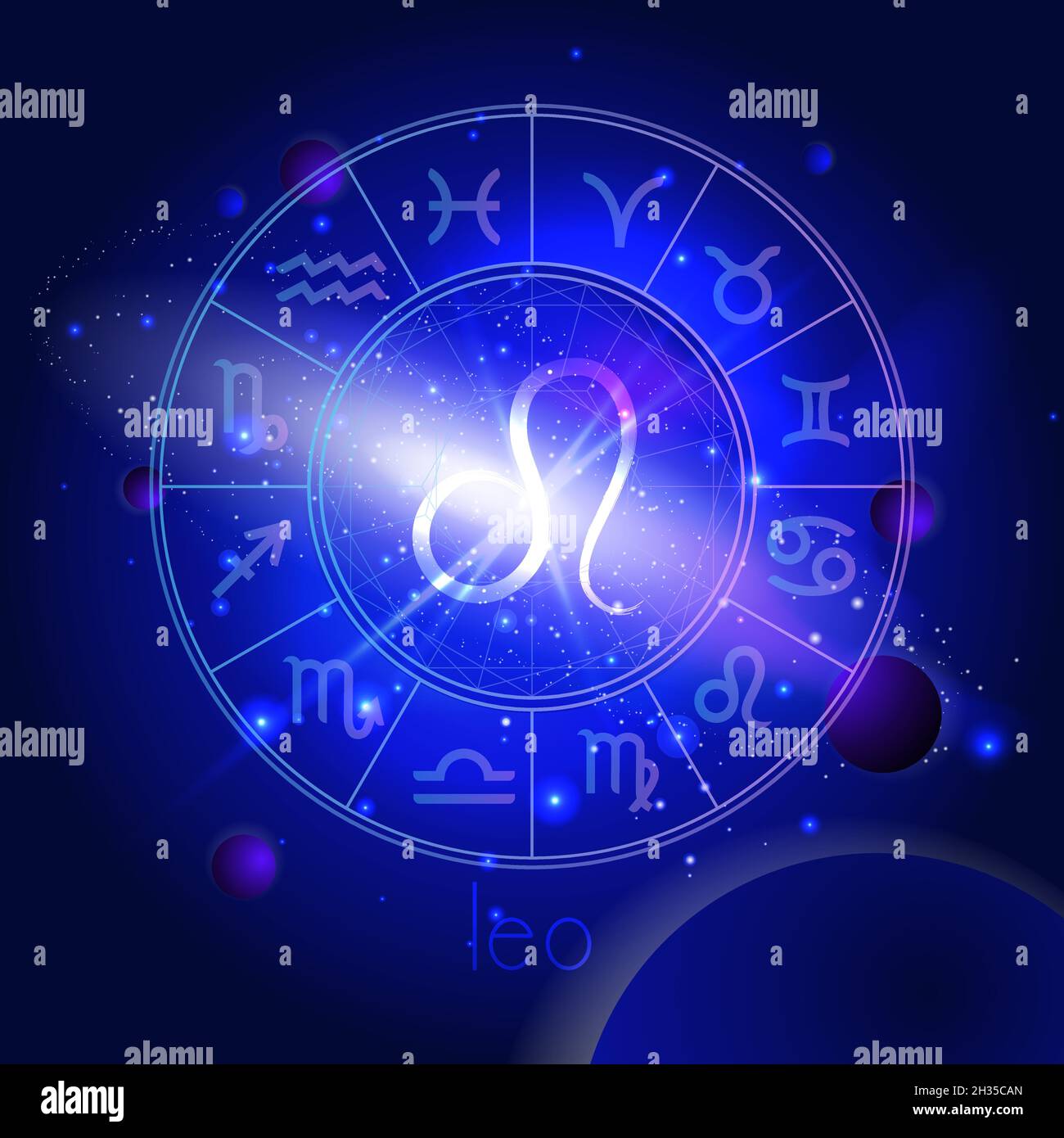 Vector illustration of sign LEO with Horoscope circle against the space ...