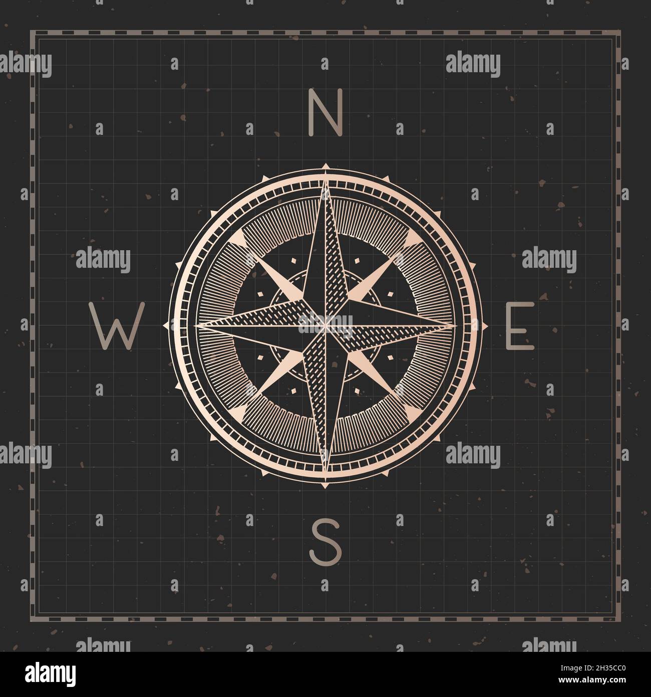 Vector illustration with gold compass or wind rose and frame on dark ...