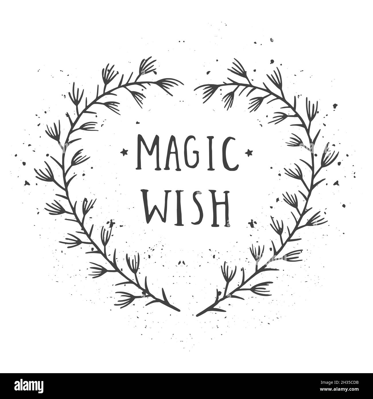 Vector hand drawn illustration of text MAGIC WISH and floral frame with ...