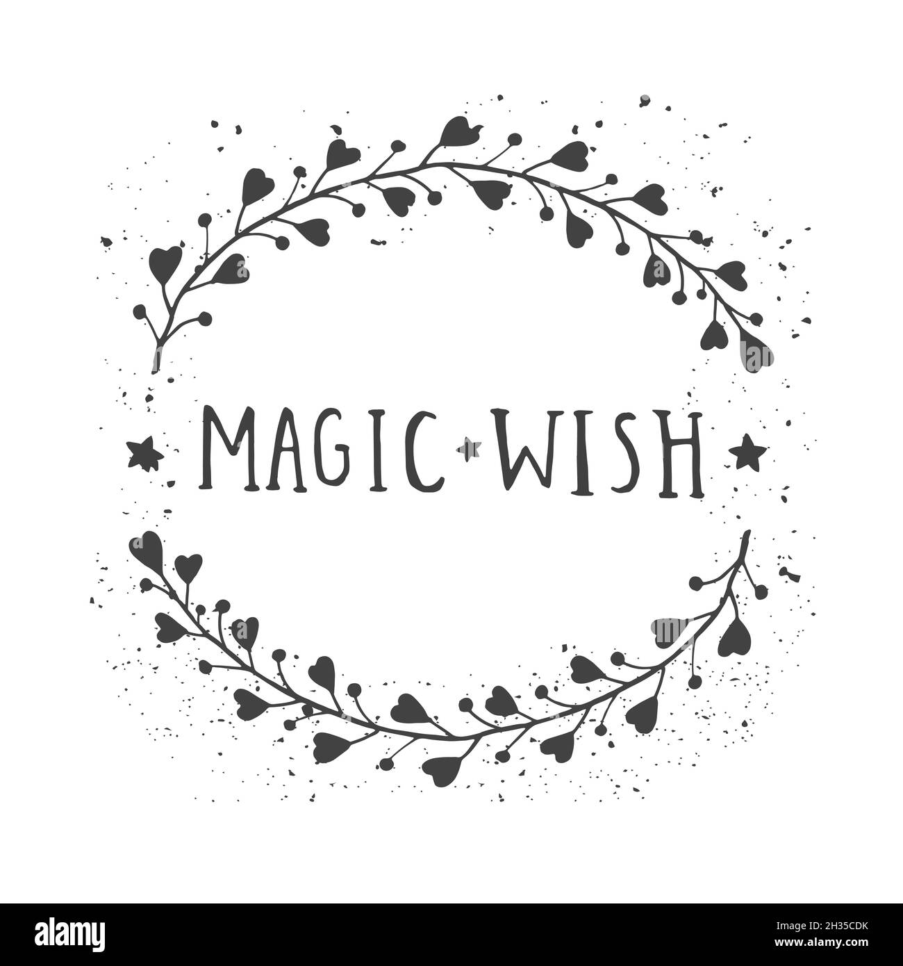 Vector hand drawn illustration of text MAGIC WISH and floral round ...