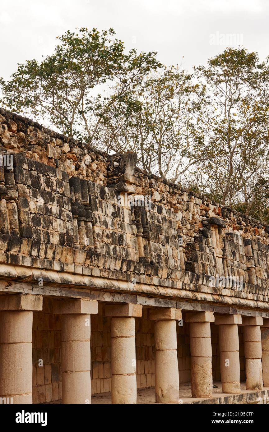 The Columns Building (East Portico) at the Mayan ruins of Uxmal ...