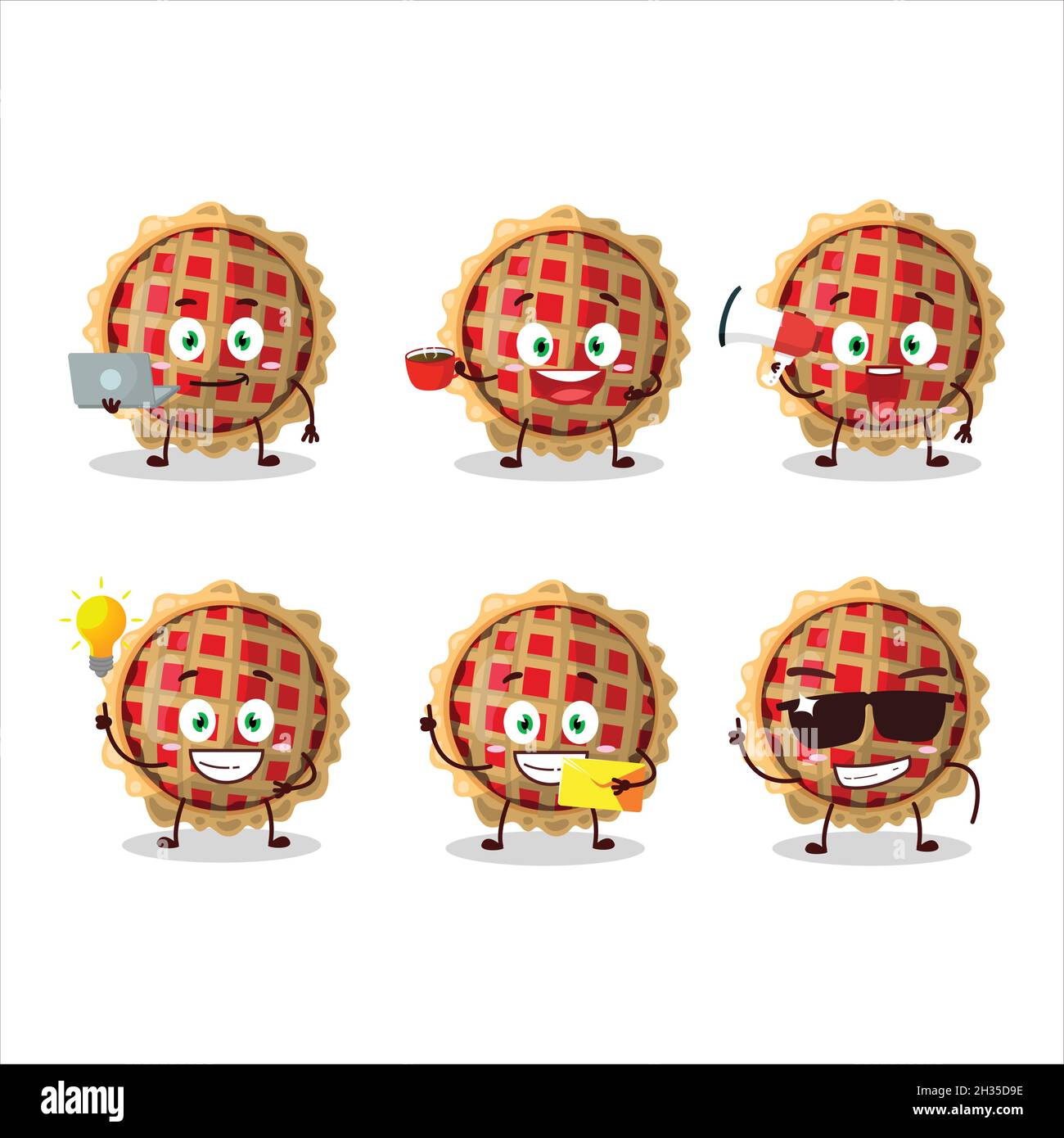 Apple pie cartoon character with various types of business emoticons ...