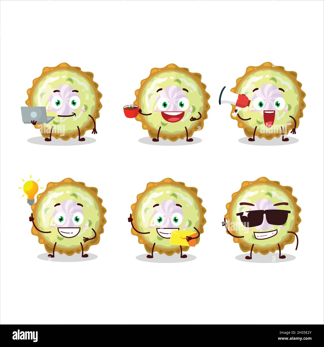 Key lime pie cartoon character with various types of business emoticons ...