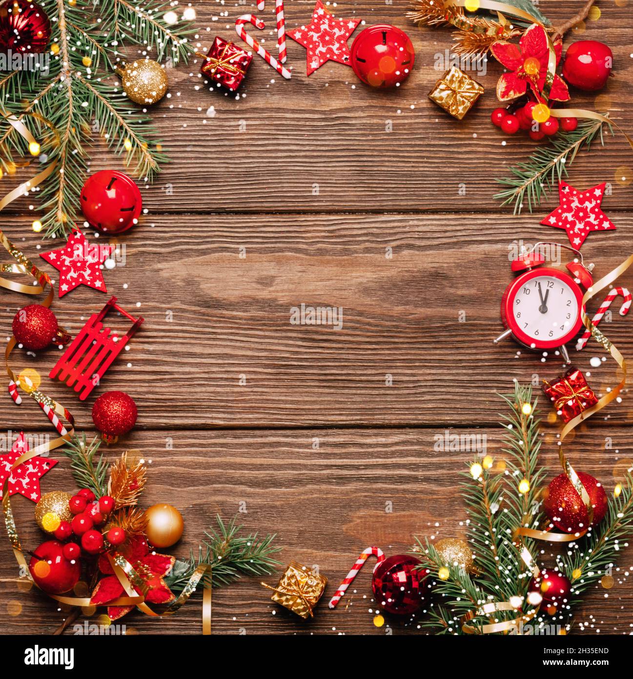 Christmas festive layout frame red balls toys bells green branches ...