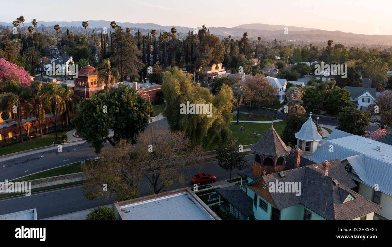 Sunset aerial view of historic downtown Redlands, California, USA Stock ...