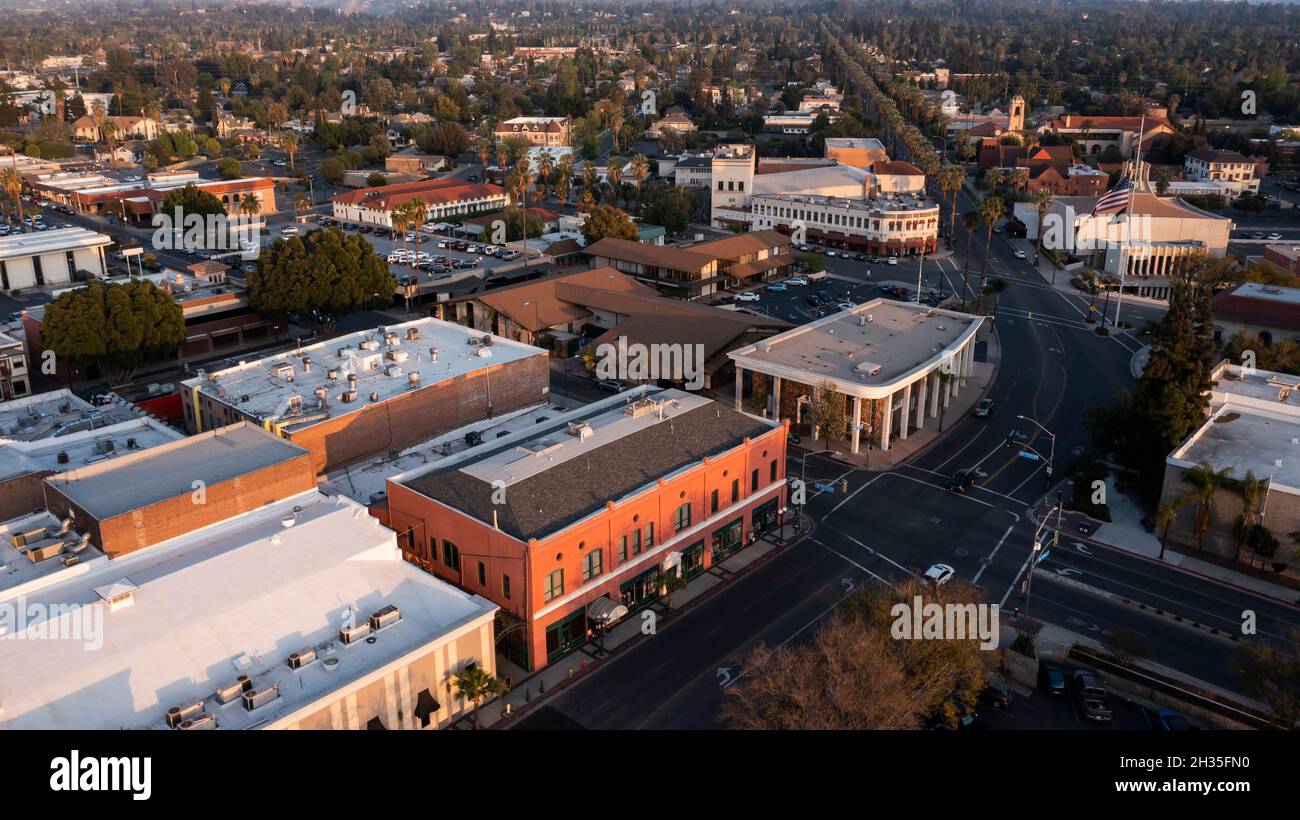 Sunset aerial view of historic downtown Redlands, California, USA Stock ...