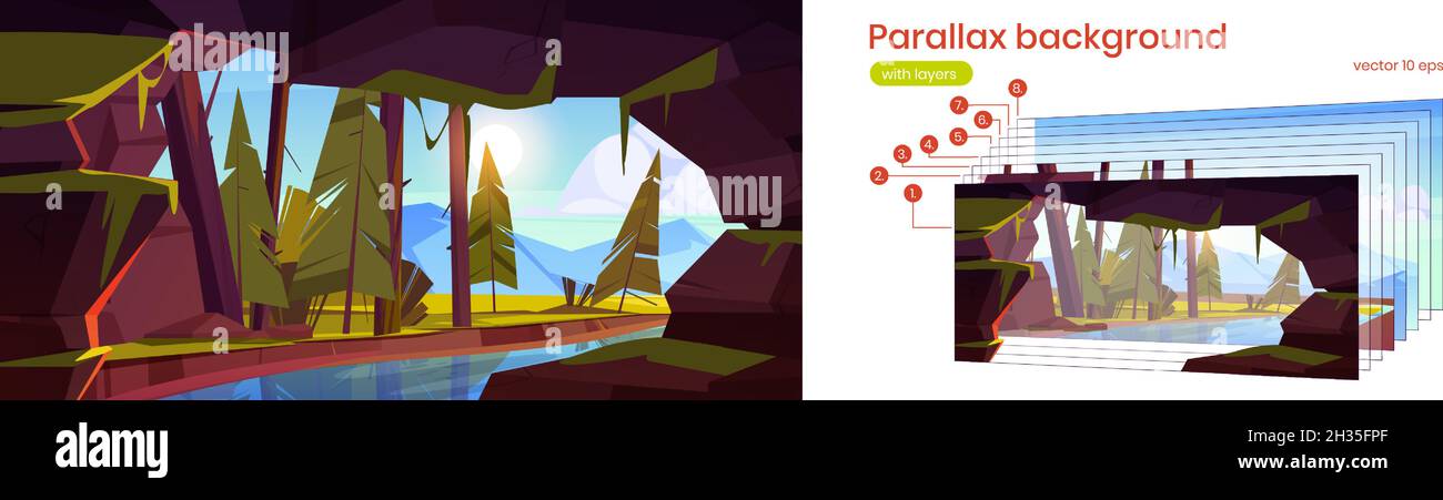 Cave in rock with river, forest and mountains outside. Vector parallax ...