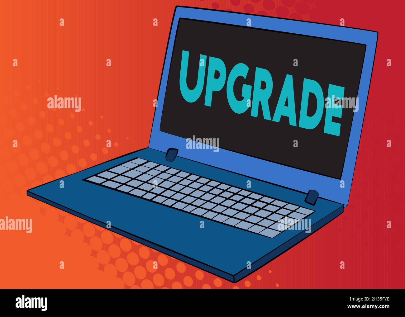 Laptop with the word Upgrade on the screen, upgrading software program concept. Vector cartoon ...