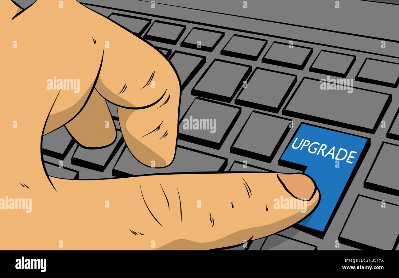 Upgrade word on computer keyboard, upgrading software program concept. Man push keypad on laptop ...