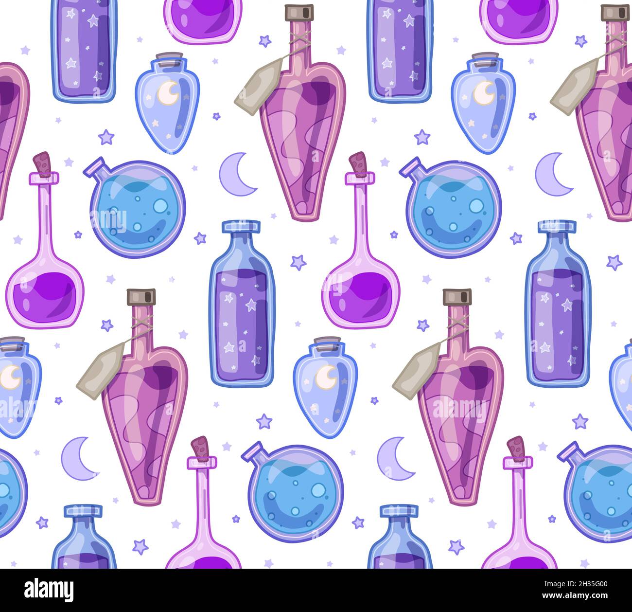 Seamless mystic pattern with various magical potions, poisons and ...