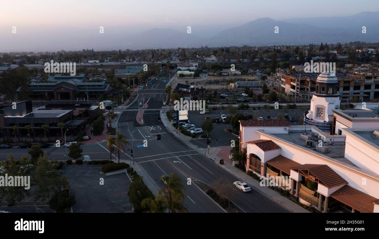 Sunset aerial view of historic downtown Redlands, California, USA Stock ...