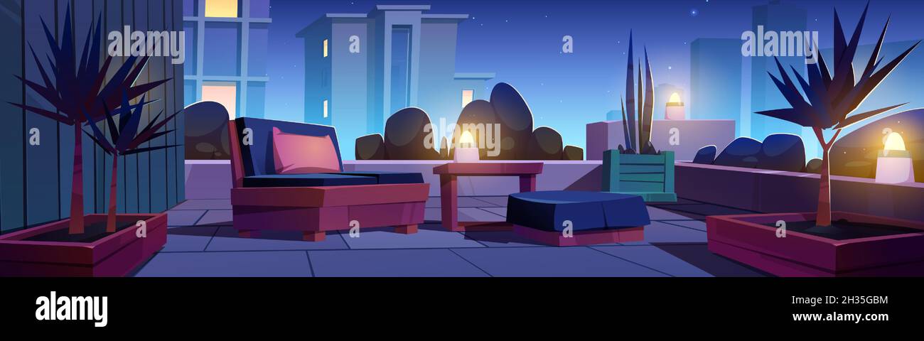 Rooftop garden, building terrace with plants and furniture at night ...