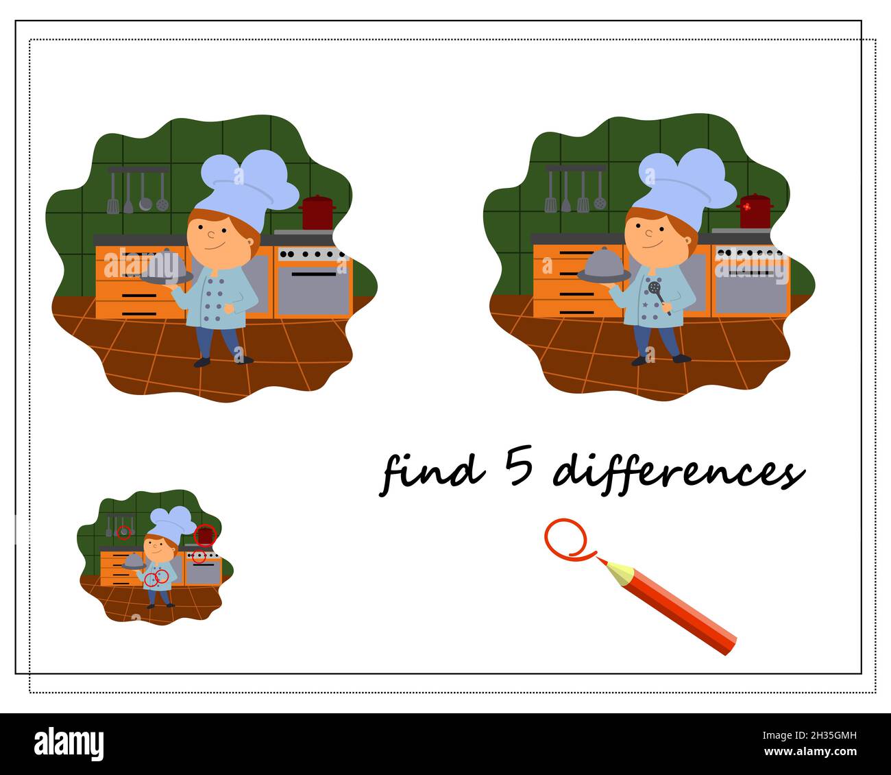 A logic game for kids find the differences, cook in the kitchen. vector ...