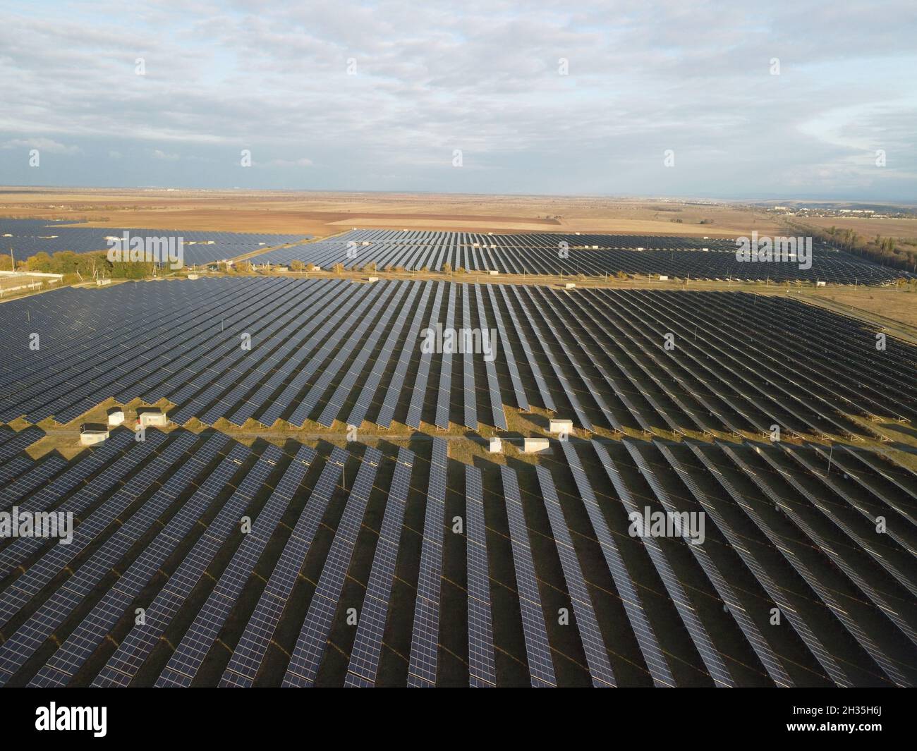 Aerial top view of a solar panels power plant. Photovoltaic solar ...