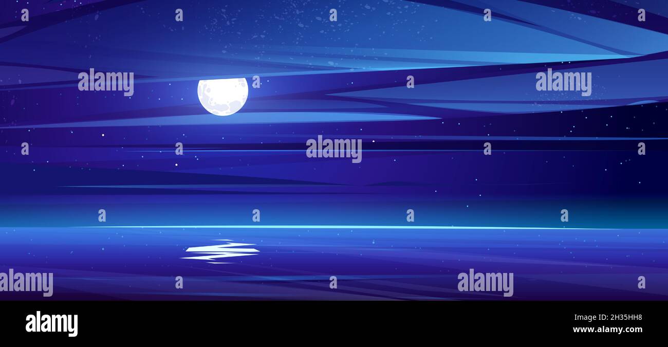 Sea landscape with full moon, stars and clouds in sky at night. Vector ...