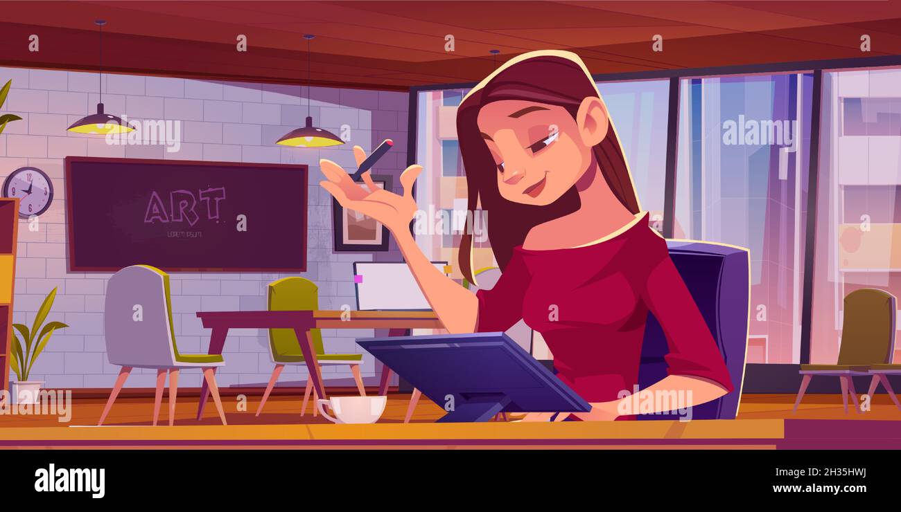 Girl with digital tablet works in open space office. Vector cartoon ...