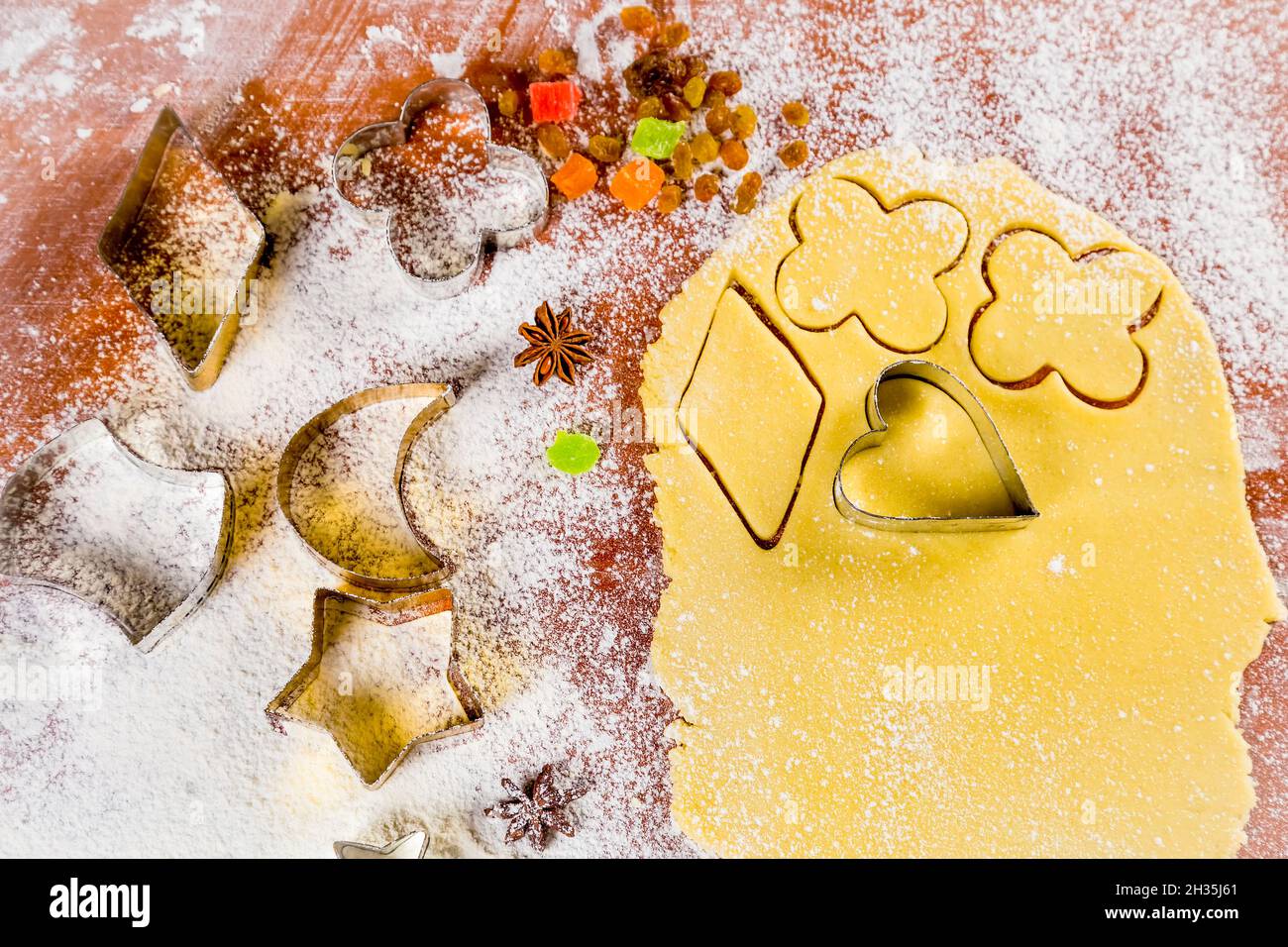 Baking scenery with moon, star, flower shaped cookie cutter, rolled ...